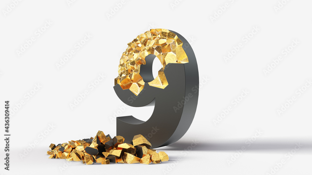 damaged black number 9 reveals gold inside. 3d illustration, suitable ...