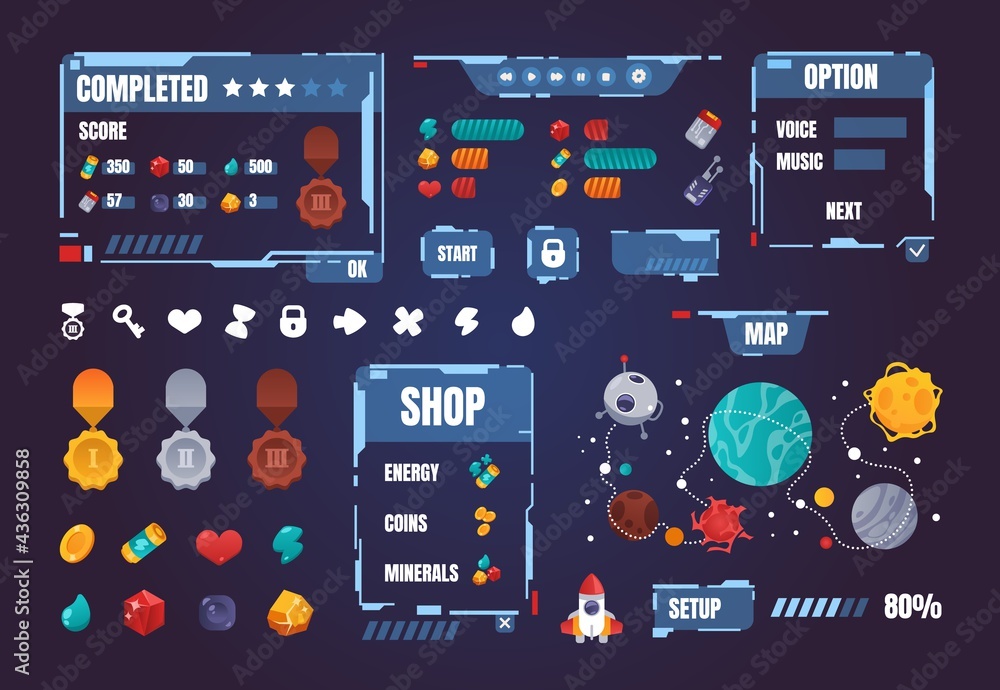 Game UI kit. Cartoon interface menu elements. Buttons and progress bars set. Award medals. Space ...