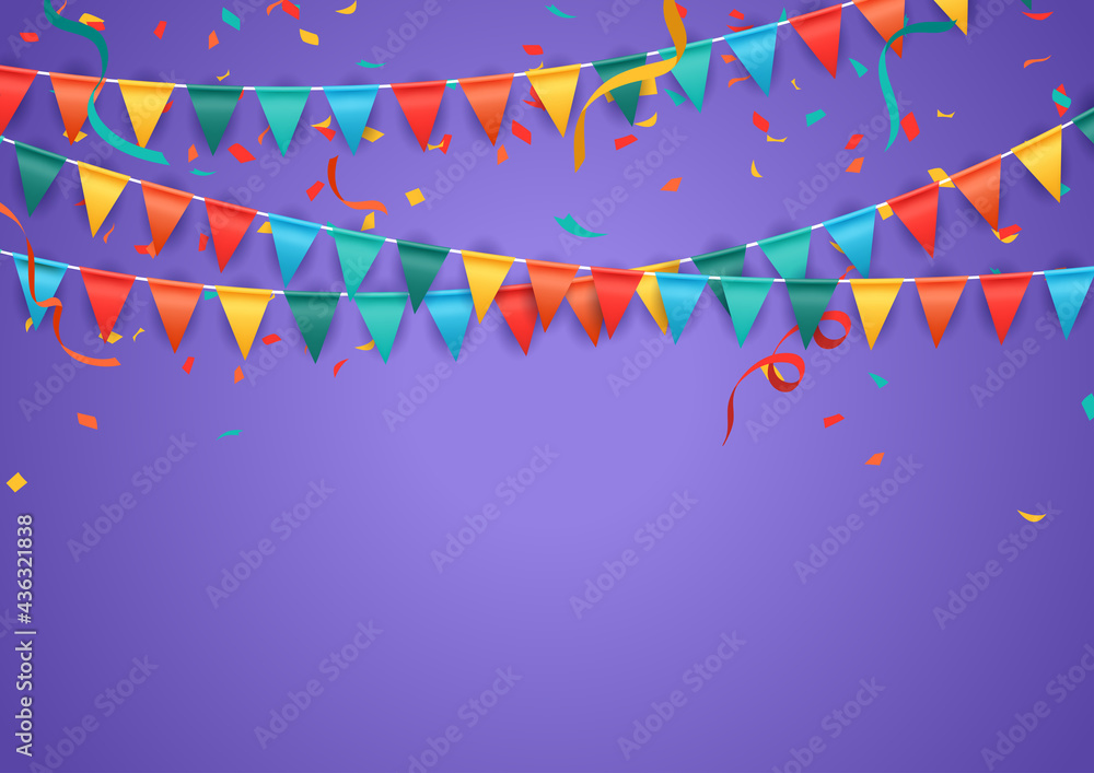Purple party Background, with colorful Flags and confetti. Vector ...