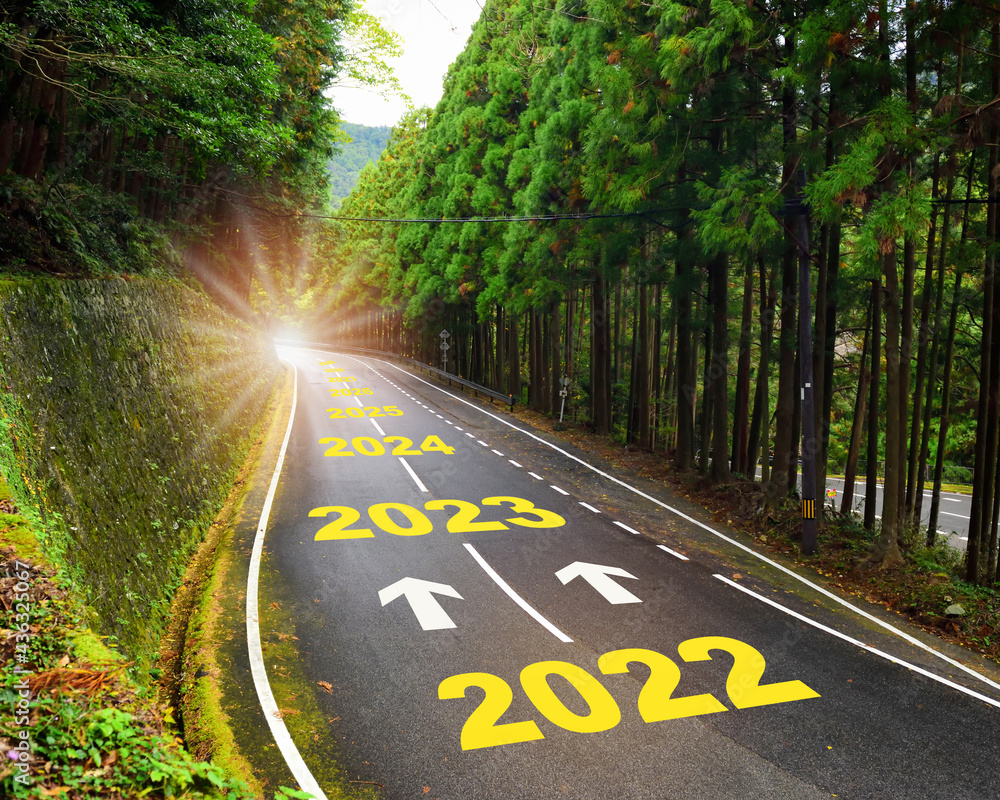 Future ahead from 2022 to 2030 with arrow on highway road and white ...