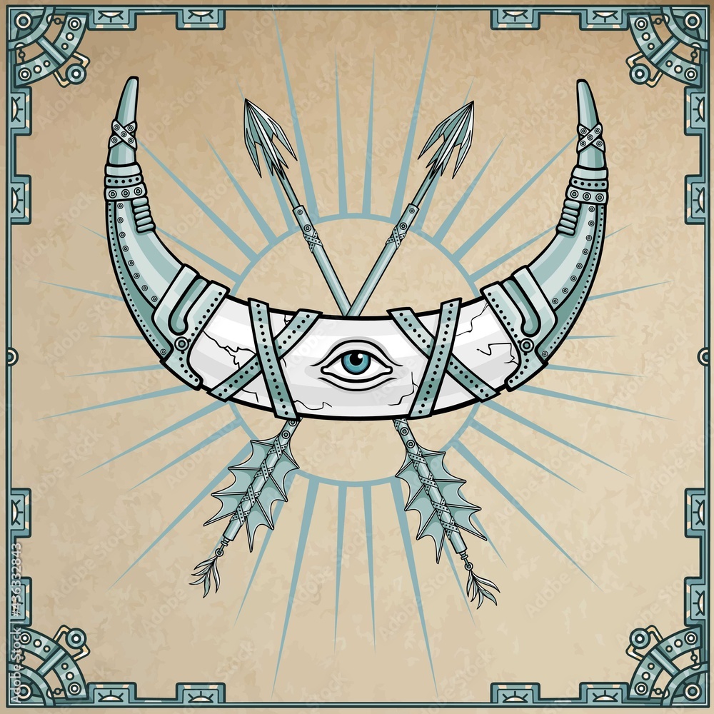 Magic horn a crescent, moon in metal armor. Eye of Providence. The ...