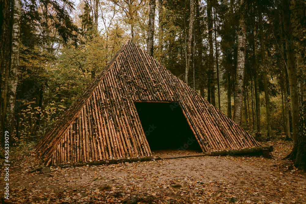 Pyramid of Wishes. Wooden pyramid in the mysterious Pokaini Forest near ...