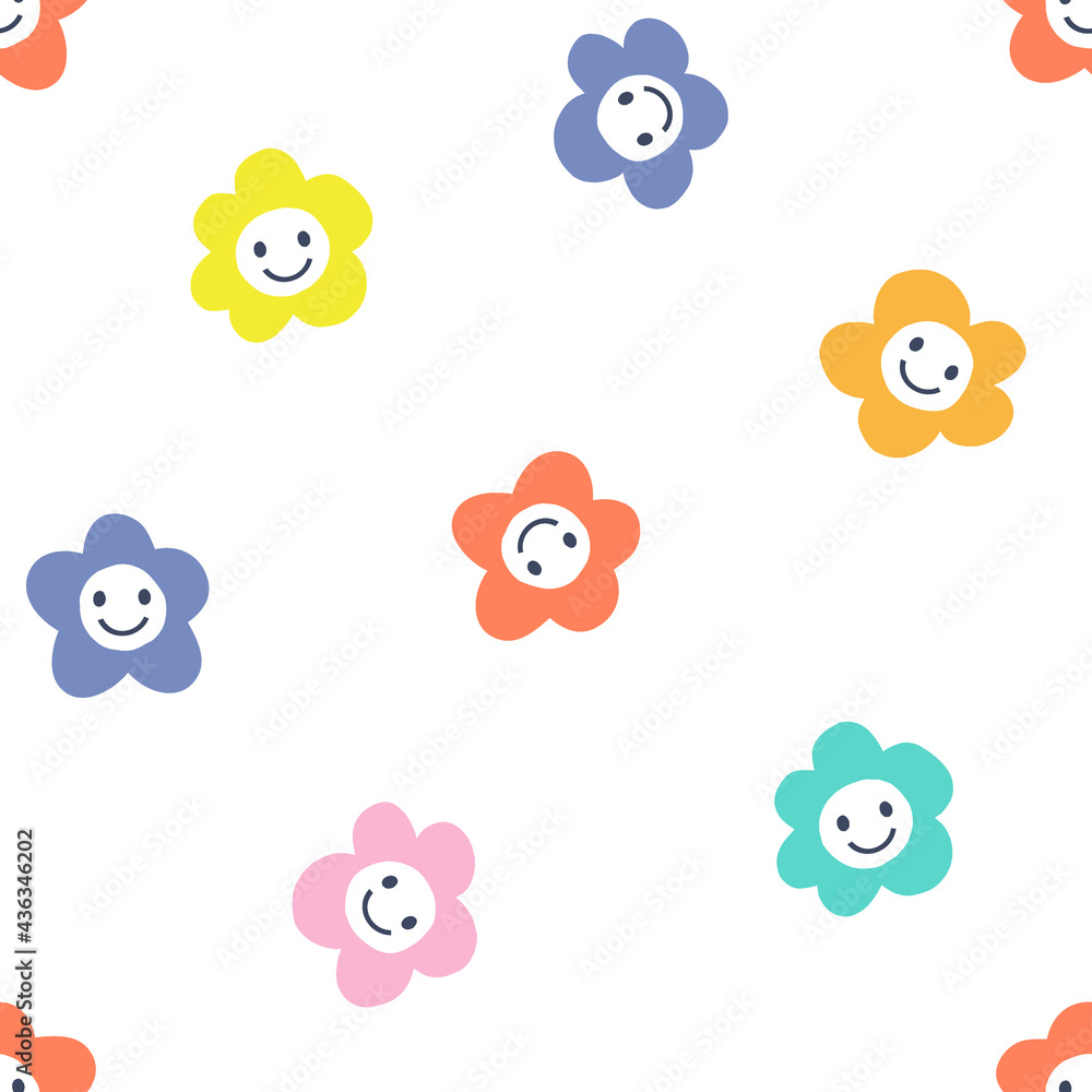 Smiley groovy daisy faces vibrant vector seamless pattern. Cute cartoon ...