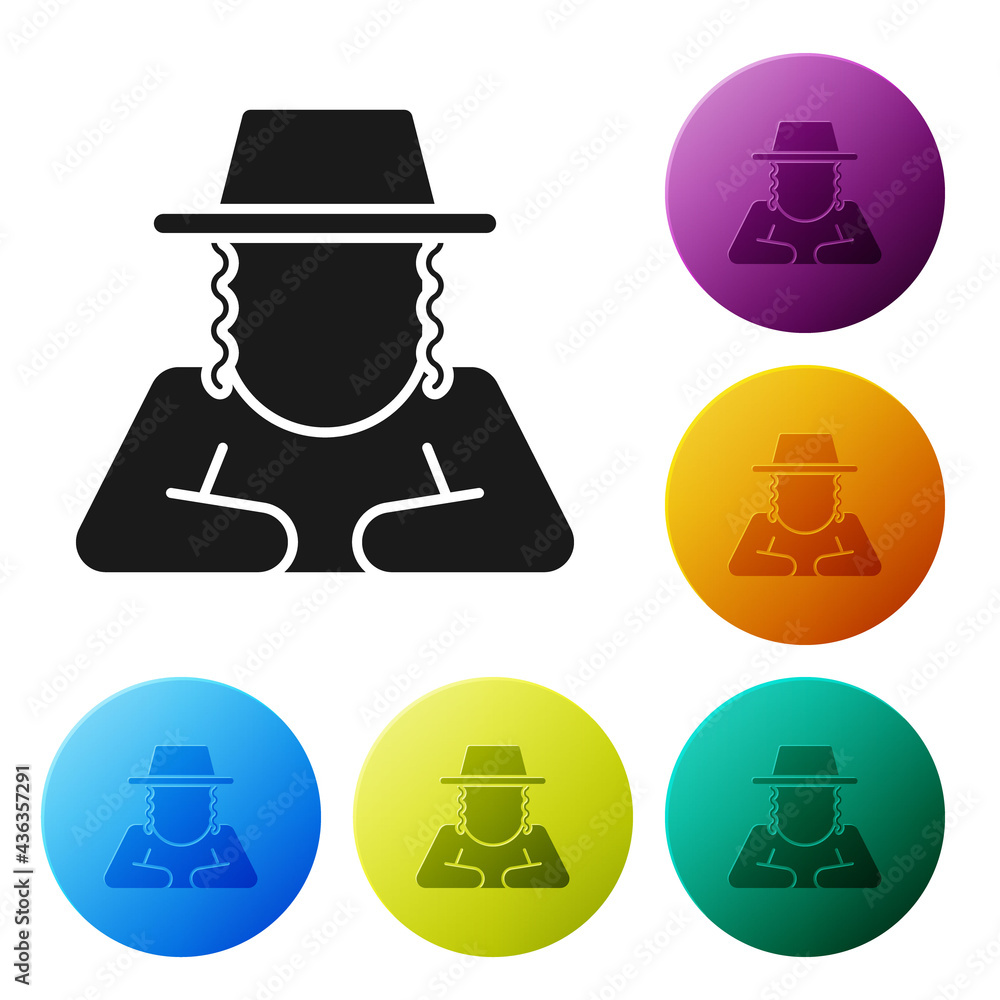 Black Orthodox jewish hat with sidelocks icon isolated on white ...