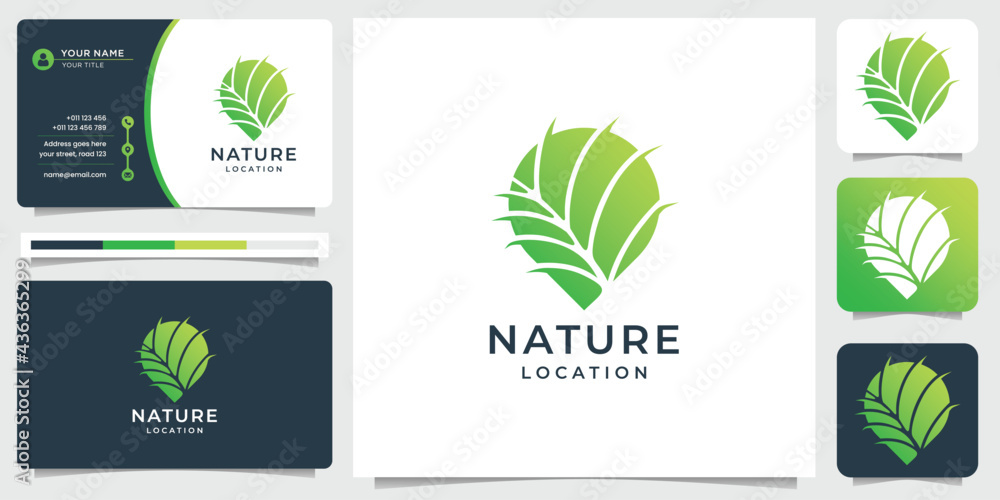 Nature leaf logo with location flat concept. Symbol leaf stem and pin ...