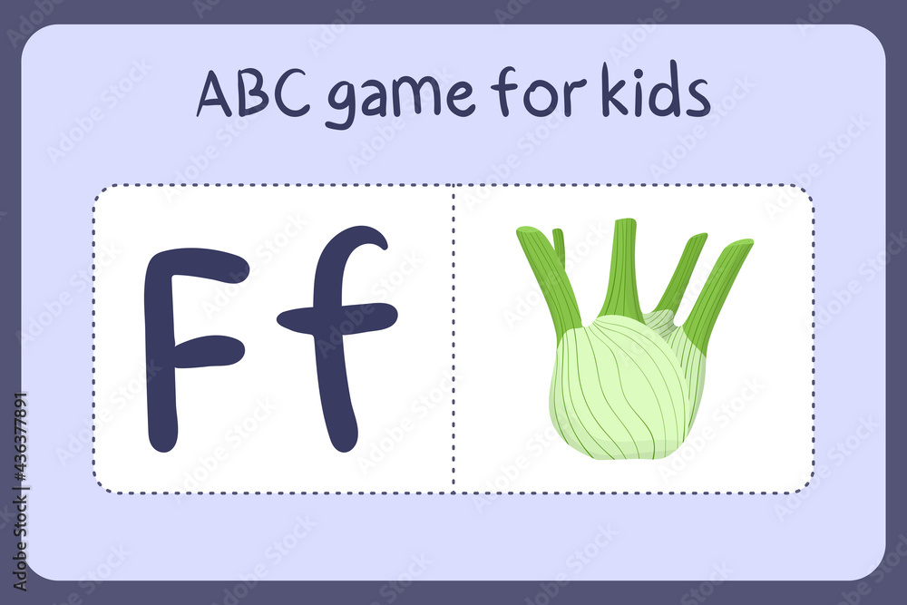 Kid alphabet mini games in cartoon style with letter F - fennel. Vector ...