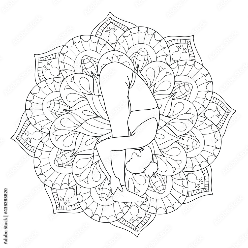 Coloring book page mandala with yoga pose asanas. Yoga school coloring ...