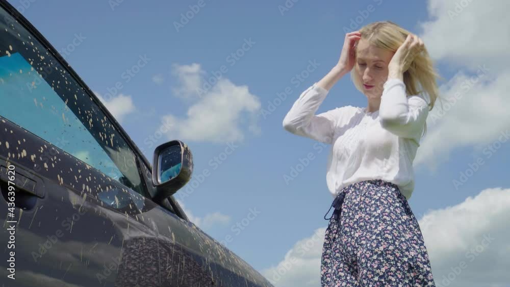 A white woman looks in despair at her car stuck in the mud in the ...