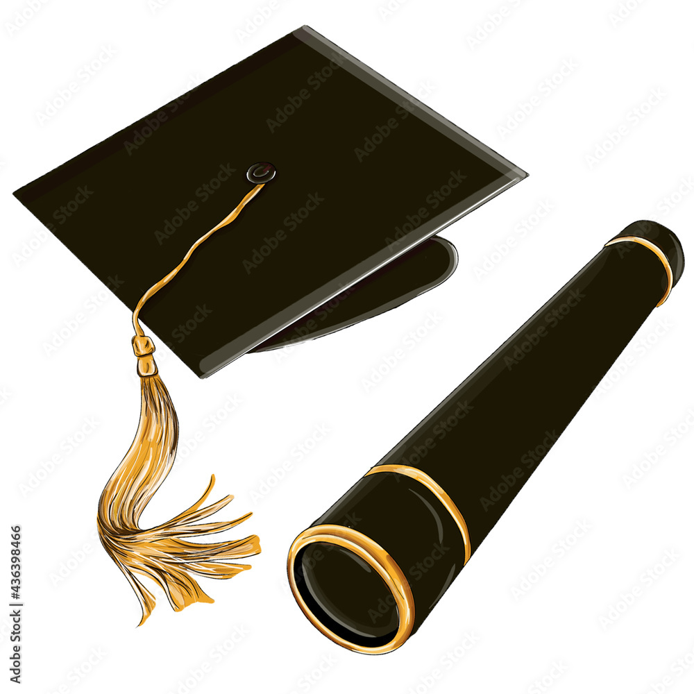 graduation cap and diploma isolated on white background used for ...