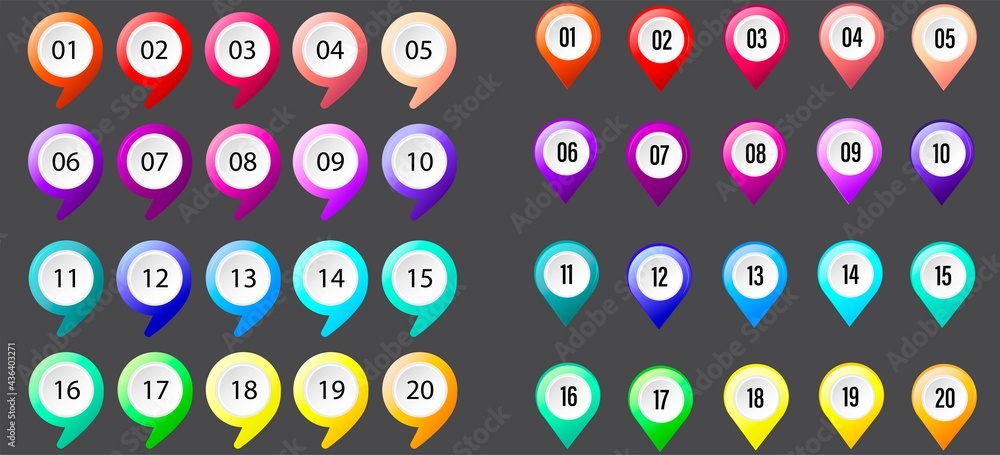 Set of 20 markers, pointers. Infographic icon. Indicator points ...