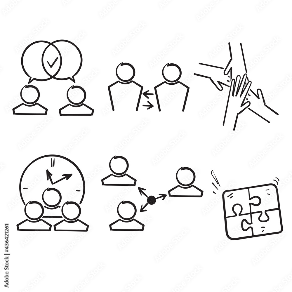 hand drawn doodle Minimal Teamwork in business management icon set ...