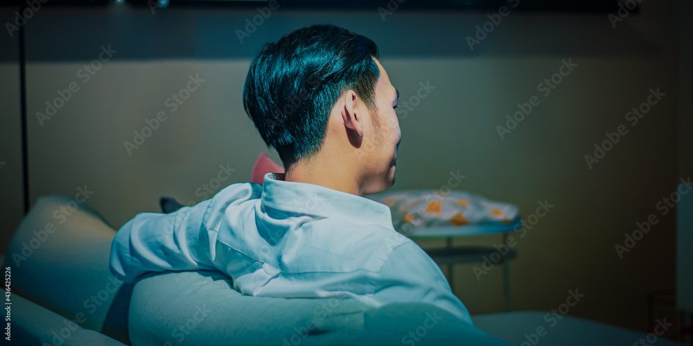 Back rear view man sitting on a sofa watching tv or streaming with ...