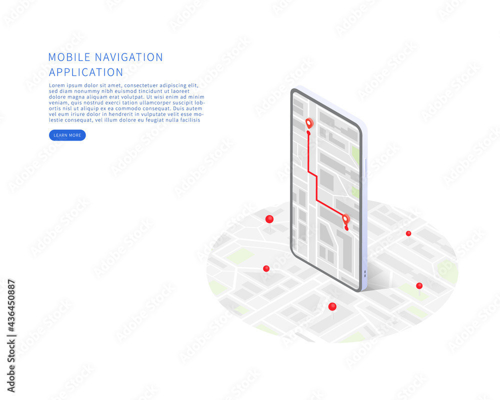 Mobile navigation application in isometric vector illustration. City ...