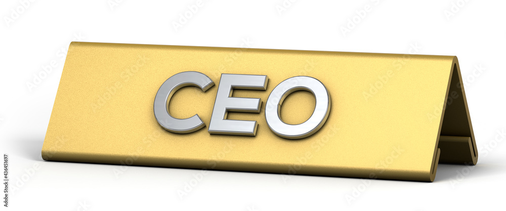 CEO word with golden nameplate isolated on white background. 3d ...