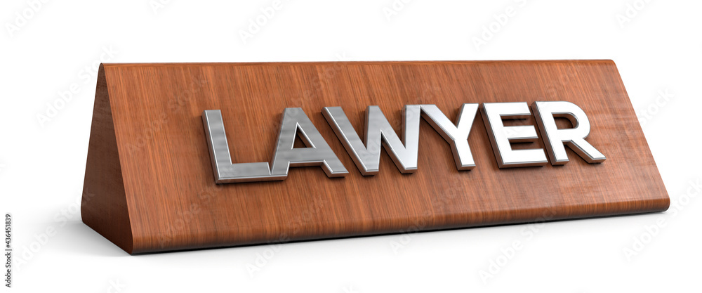 Lawyer word with Wooden nameplate isolated on white background. 3d ...