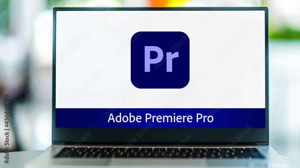 Laptop computer displaying logo of Adobe Premiere Pro Stock Photo ...