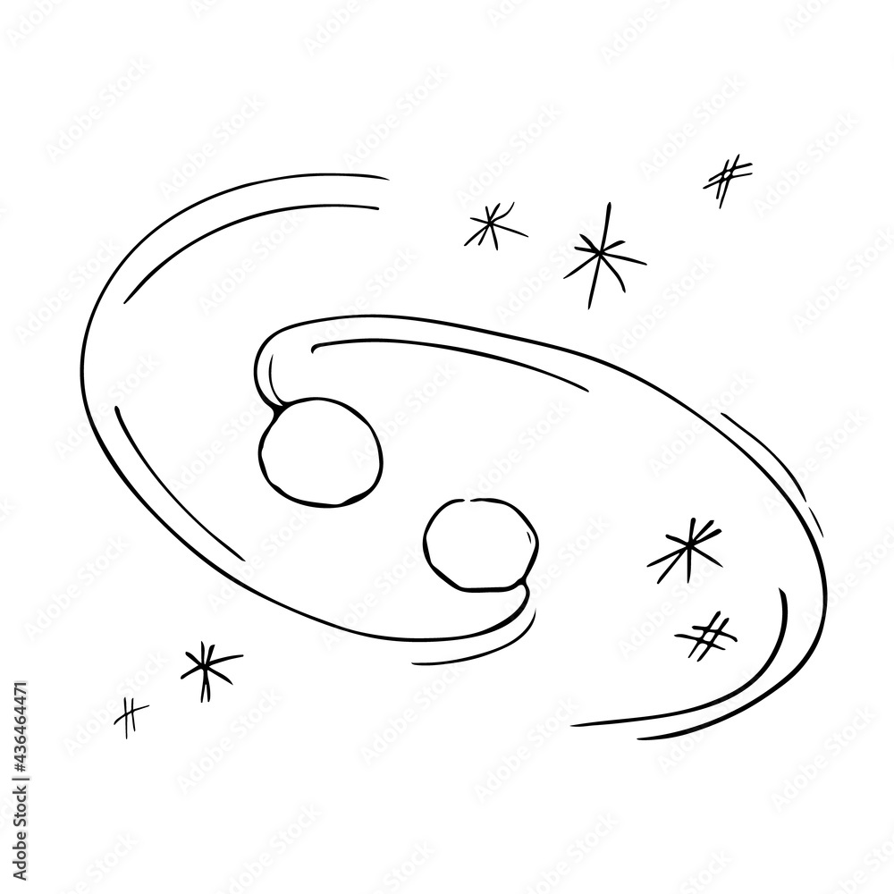 Hand-drawn two planets orbiting about a common center of mass. Doodle ...