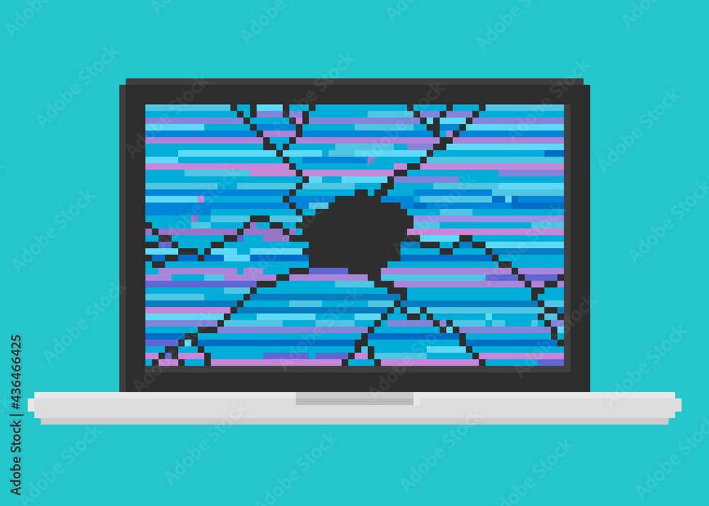 Pixel art, vector illustration of damage laptop with broken screen ...