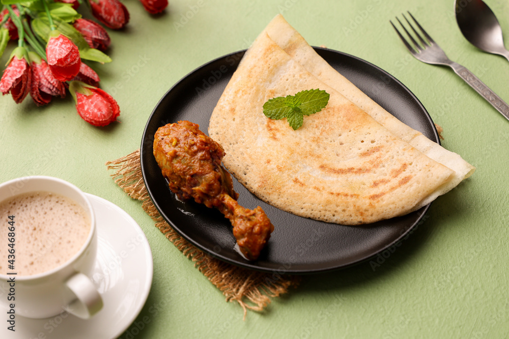 Dosa , Dosai, ghee roast with chicken curry and Indian milk tea popular ...