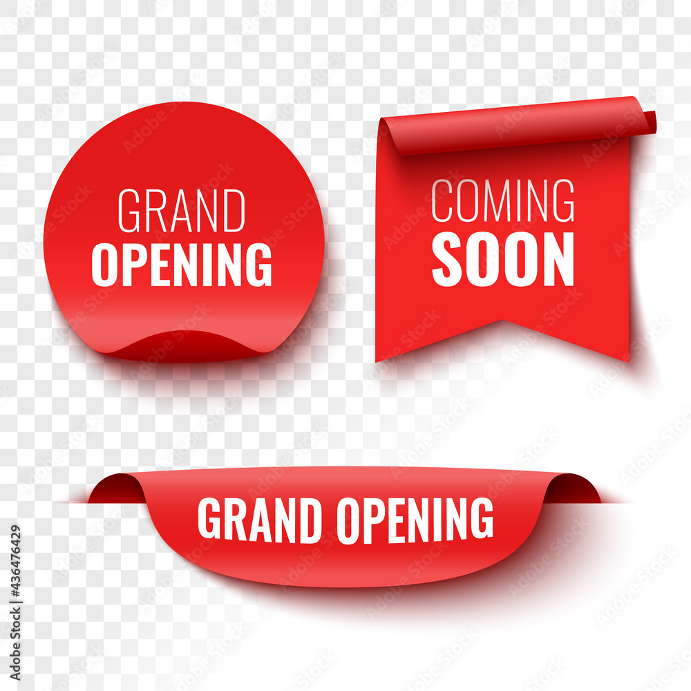 Coming soon grand opening banners. Red ribbon, tag and sticker. Vector ...