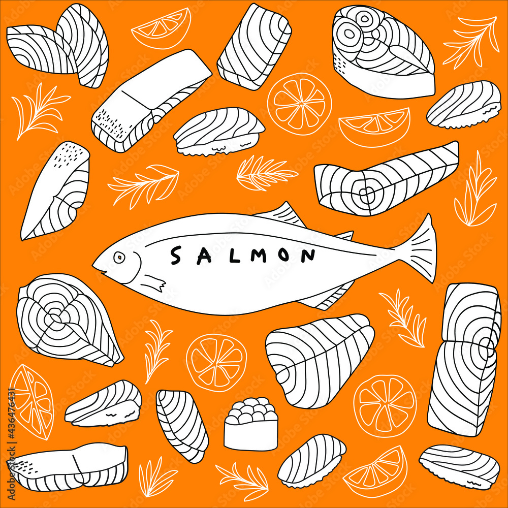 Hand drawn salmon fish and sliced pieces with sashimi and lemon fruit ...
