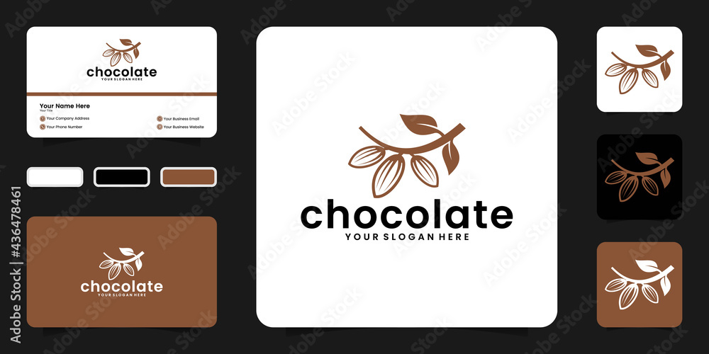 Chocolate, cocoa pods hanging on branches, logo template. Cocoa beans ...