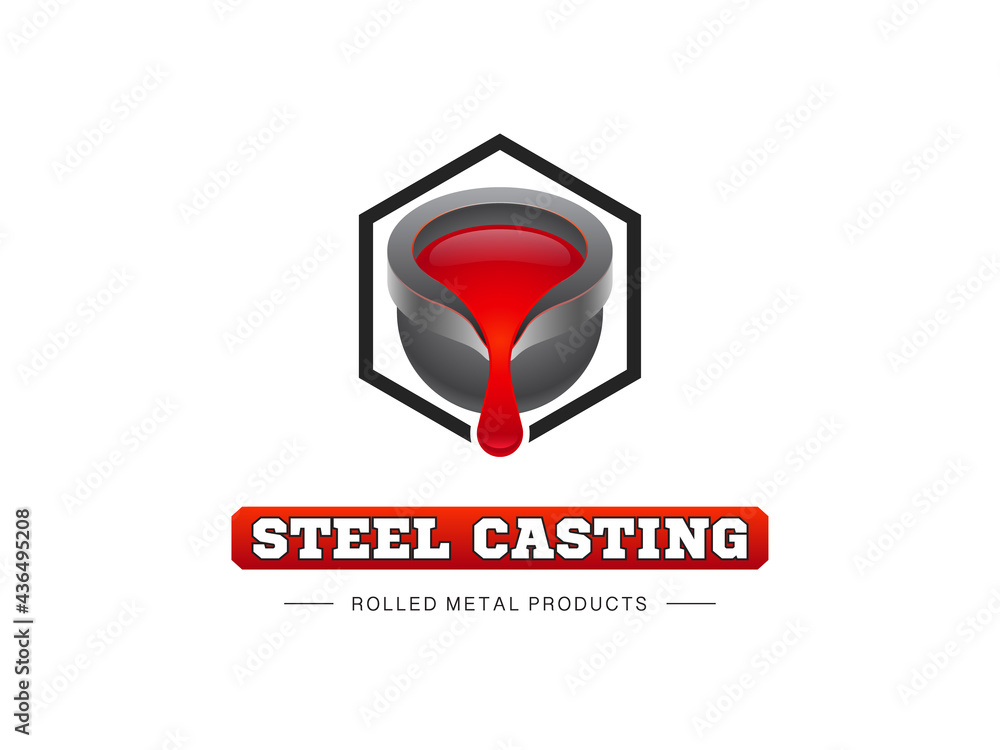 Metal casting logo on a white background. Cast iron ladle and flowing ...