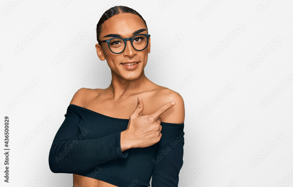 Hispanic transgender man wearing make up and long hair wearing women ...