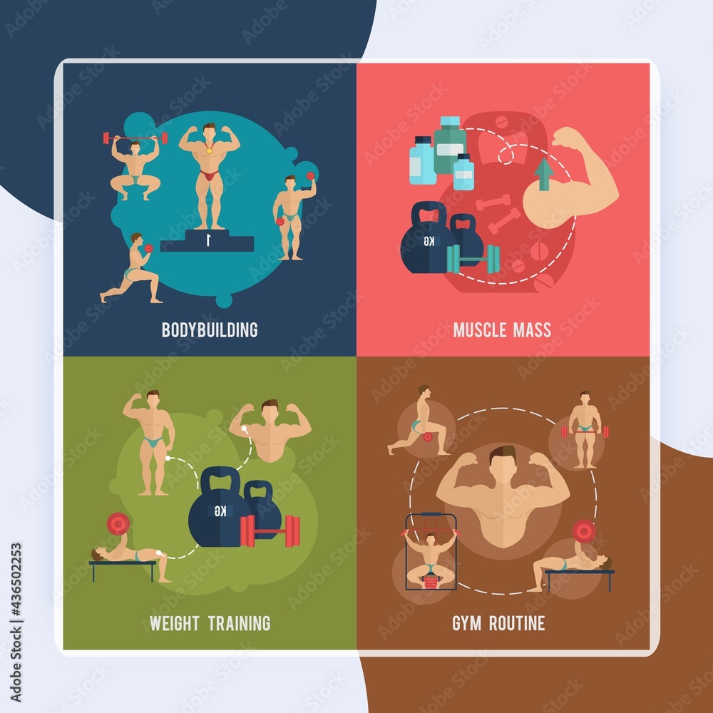 Bodybuilding flat icons set with muscle mass gym routine weight ...