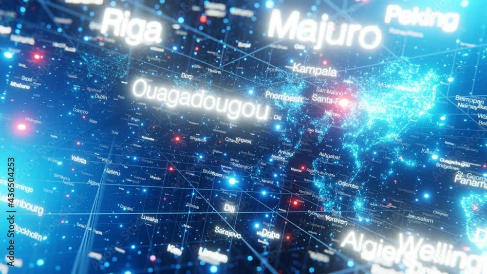 3D animation of an abstract space with a world map and all the world's ...