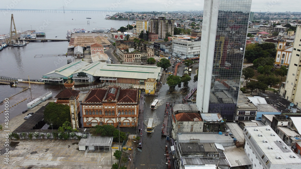 Aerial view of a flooding in downtown Manaus, Amazonas, Brazil, during ...