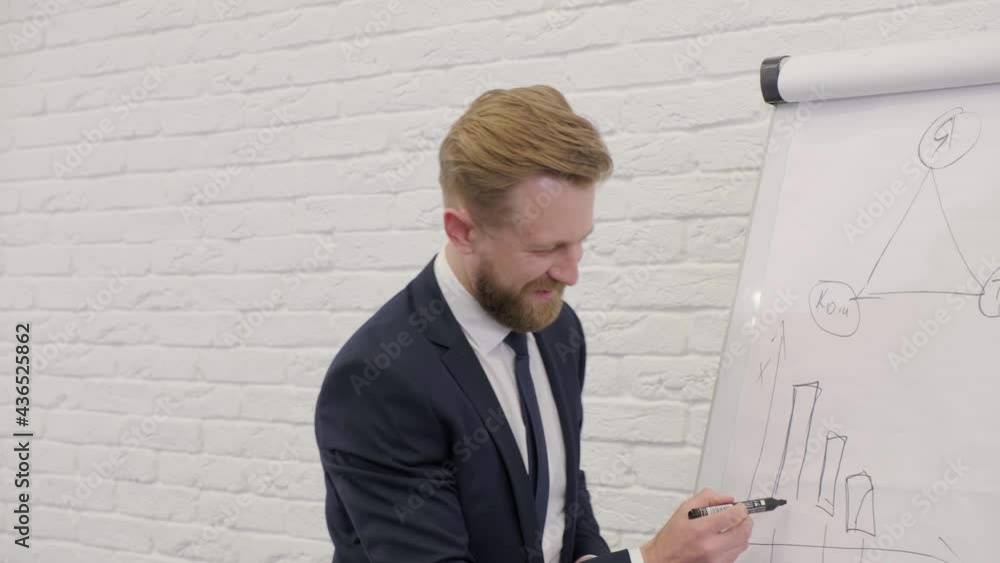 Business man coach speaker in suit give flipchart presentation, speaker ...