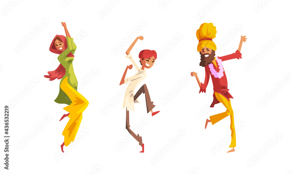 Set of Indian People in Traditional Clothes Performing Folk Dance ...