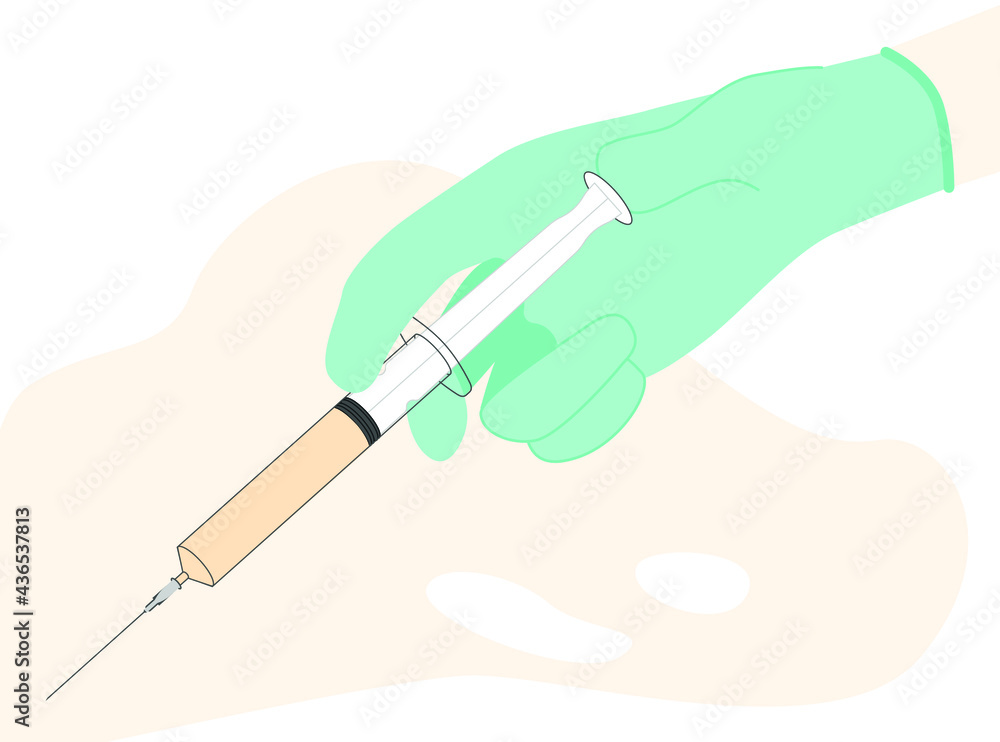 Hand with injection syringe. syringe in hand. Vaccine or insulin ...