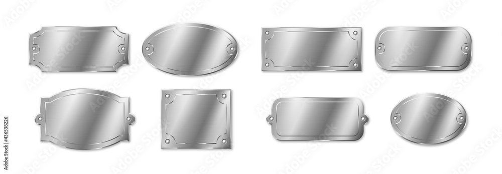 Silver name plates, template plaques. Empty mockup tags or badges for ...