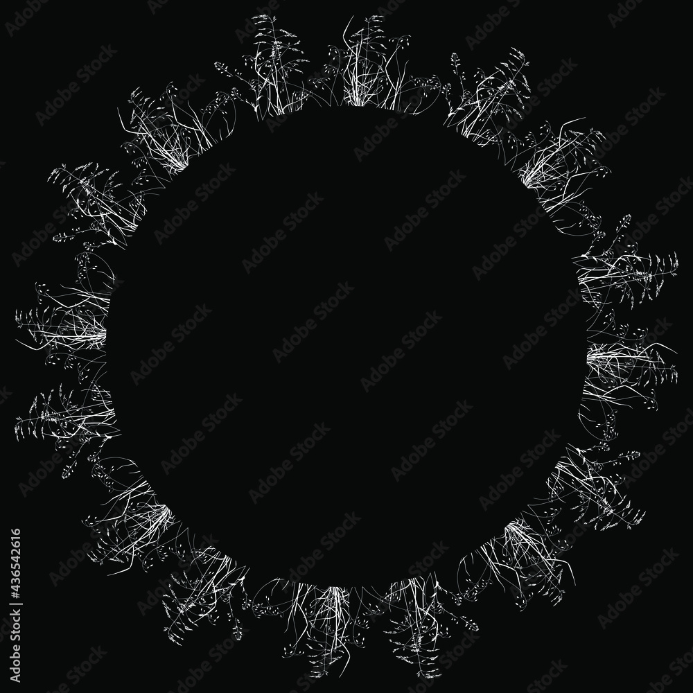 Round floral frame with wild herbs and grasses. Botanical border with ...