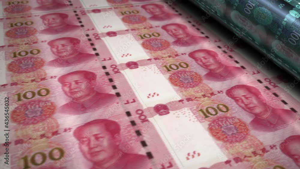 Chinese yuan Renminbi money banknotes printing roll machine. Paper bank ...