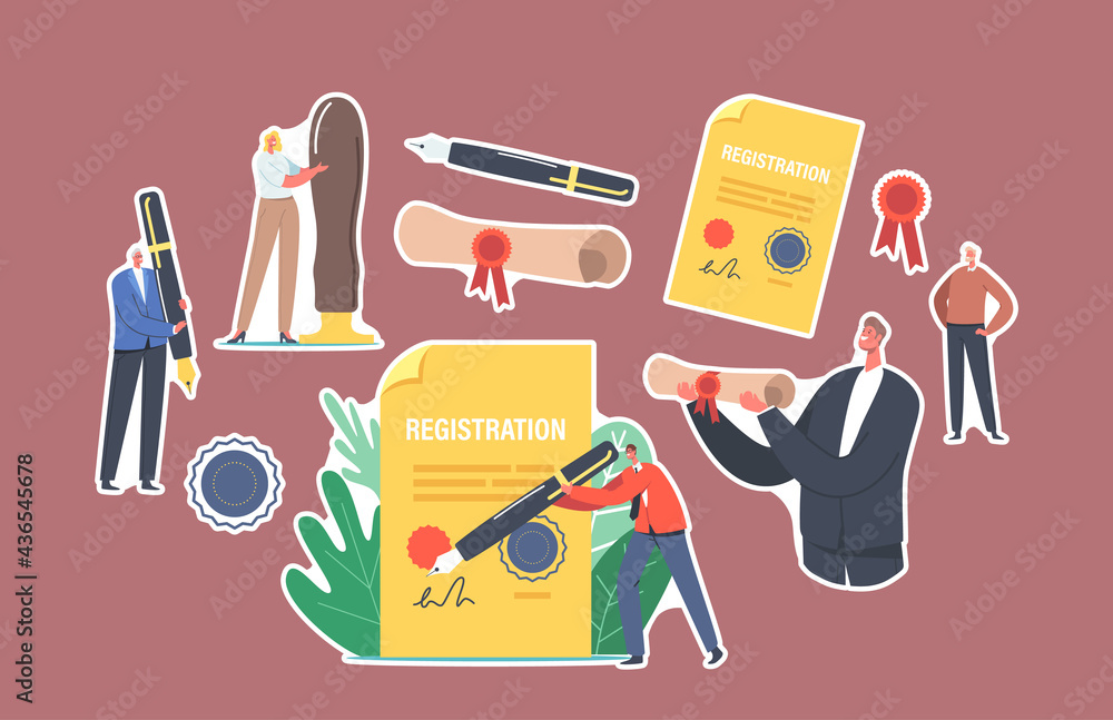 Set of Stickers Characters Signing Document for New Company ...