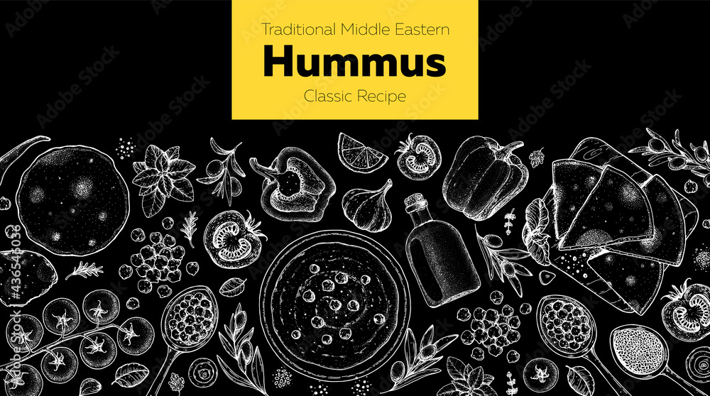 Hummus cooking and ingredients for hummus, sketch illustration. Middle ...