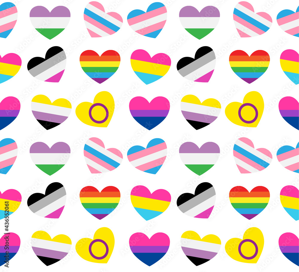 Vector seamless pattern of flat lgbt lgbtq+ community pride flag hearts isolated on white ...