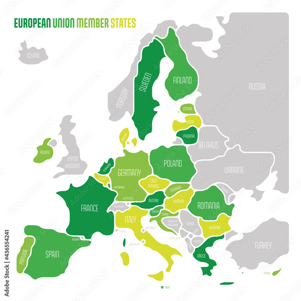 Simplified map of EU, European Union. Rounded shapes of states with ...
