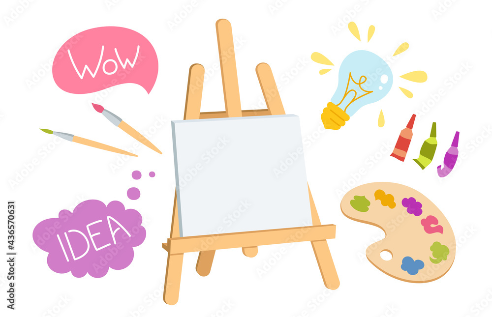 Artists painting supplies cartoon set and sign speech bubble. Hand ...