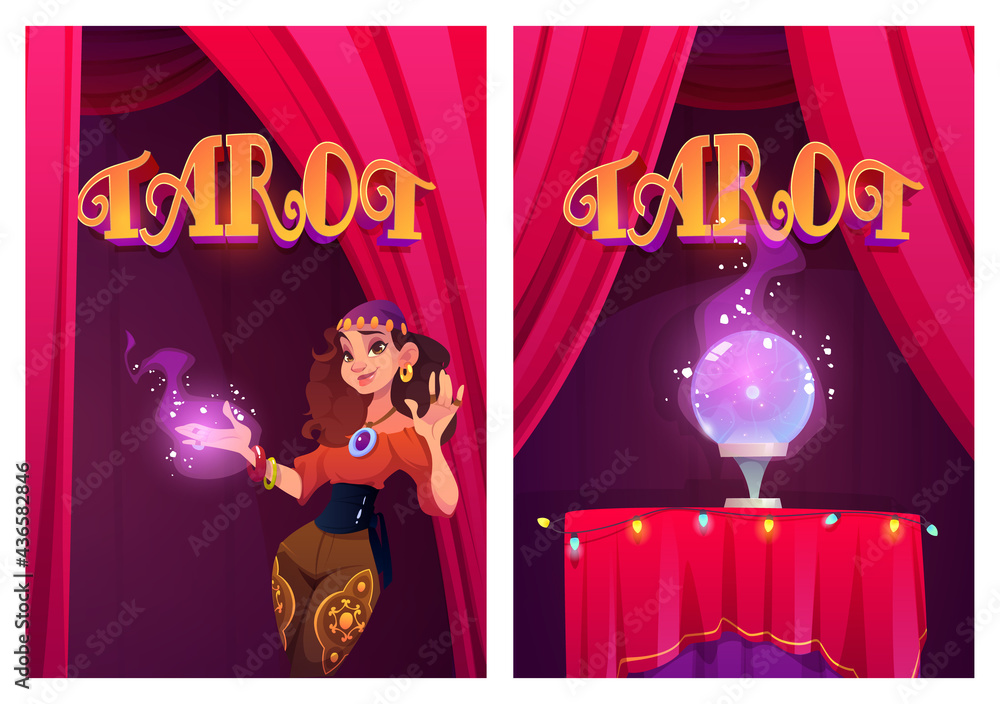 Vetor de Tarot posters with gypsy fortune teller and magic ball. Future ...