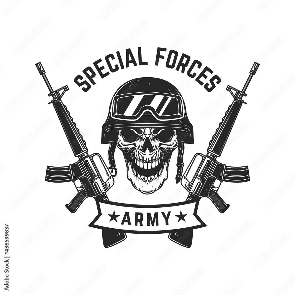Special forces. Crossed assault rifles with soldier skull in military ...