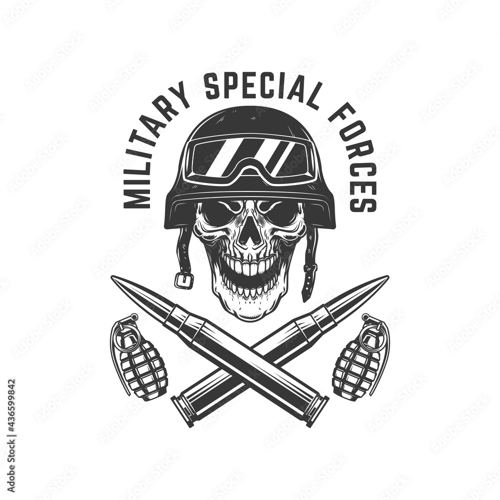 Special forces. Crossed rifle bullets and grenades with soldier skull ...