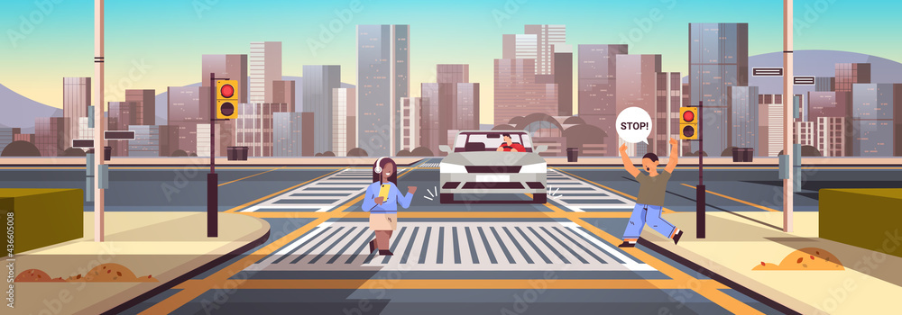 schoolgirl with smartphone and headphones crossing road on red traffic ...