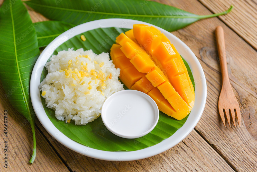 Ripe mango rice cooked with coconut milk, Sticky rice summer tropical ...