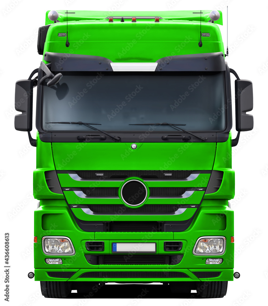Modern European truck completely green. Front view isolated on white ...