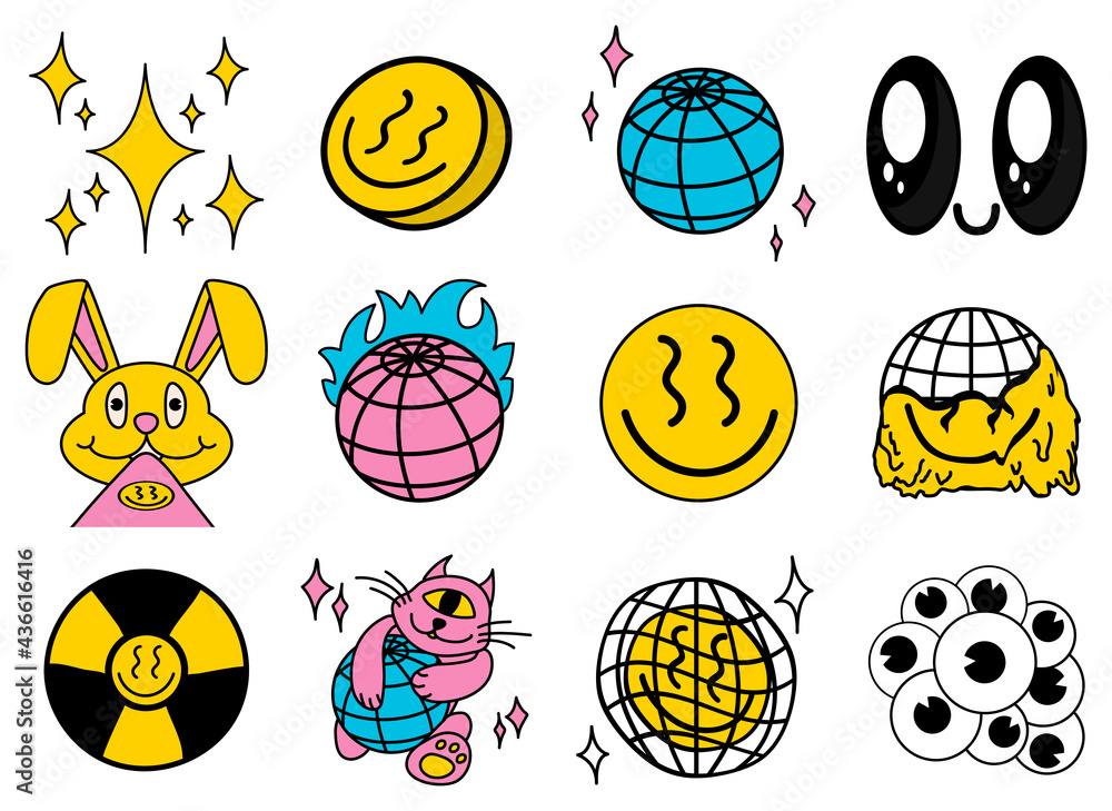 Vettoriale Stock Funny abstract pictures, cartoon style, rave art ...