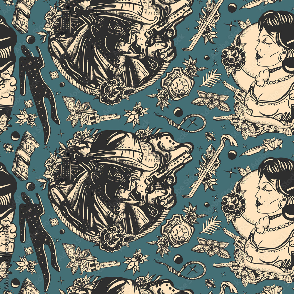 Retro movie. Detective smoking cigar, crime scene, chalk outline of ...